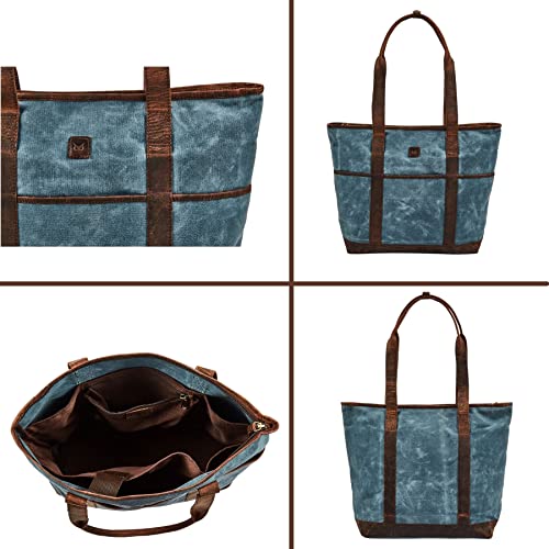 Shoulder Tote Handbag for Women 16 oz Water Repellent Waxed Canvas Real Leather Trim Handmade Purse Zippered Shopper Bag with Pockets (Ocean Blue)