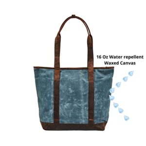 Shoulder Tote Handbag for Women 16 oz Water Repellent Waxed Canvas Real Leather Trim Handmade Purse Zippered Shopper Bag with Pockets (Ocean Blue)