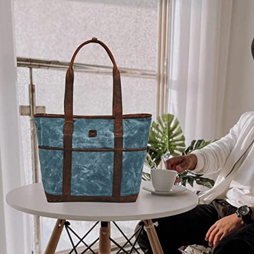 Shoulder Tote Handbag for Women 16 oz Water Repellent Waxed Canvas Real Leather Trim Handmade Purse Zippered Shopper Bag with Pockets (Ocean Blue)