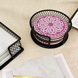 Round Metal Coaster Holder with Cork Paded Base, Black Minimalist Holder for 6PCS Ceramic Coasters of Upto 4" in Size