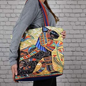 Cat-On-The-Bag Sahara Sands Egyptian Cat Themed Over The Shoulder Sturdy Canvas Purse for Women 1 Main Pocket and 1 Zippered Inside Pocket for Everyday Use