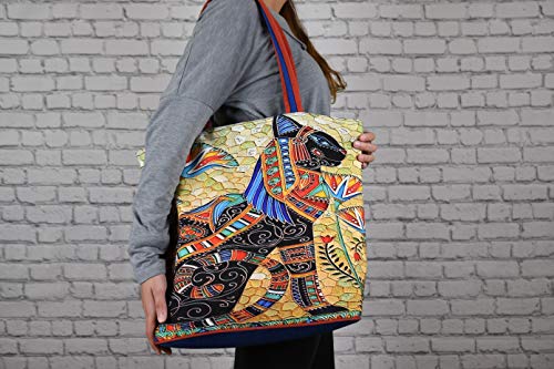 Cat-On-The-Bag Sahara Sands Egyptian Cat Themed Over The Shoulder Sturdy Canvas Purse for Women 1 Main Pocket and 1 Zippered Inside Pocket for Everyday Use