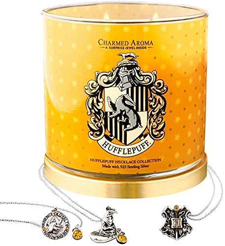 Charmed Aroma Harry Potter Scented Candle, Hufflepuff Hogwarts House, Jar Candle with Surprise Necklace Inside, Jewelry Candle for Women, Home Décor Accessories Gift