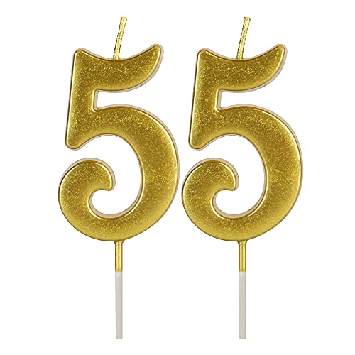 55th Birthday Candles for Cake Topper, Number 55 5 Glitter Premium Candle Party Anniversary Celebration Decoration for Kids Women or Men, Gold