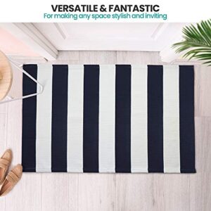 NANTA Navy Blue and White Striped Rug 27.5 x 43 Inches Cotton Machine Washable Indoor Outdoor Stripe Rug for Farmhouse Layered Door Mat