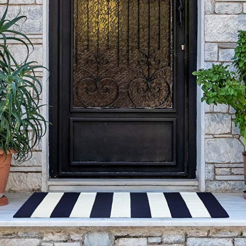 NANTA Navy Blue and White Striped Rug 27.5 x 43 Inches Cotton Machine Washable Indoor Outdoor Stripe Rug for Farmhouse Layered Door Mat