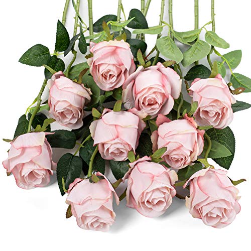 Flojery 10pcs Artificial Rose Flowers Long Stem Fake Silk Roses for DIY Wedding Bouquet Table Centerpiece Home Decor (Light Pink)