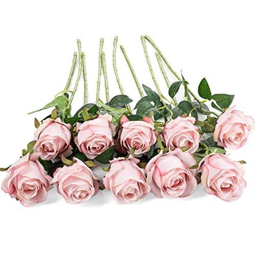 Flojery 10pcs Artificial Rose Flowers Long Stem Fake Silk Roses for DIY Wedding Bouquet Table Centerpiece Home Decor (Light Pink)