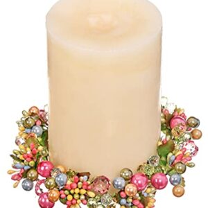 Reg 6 Inch Spring Crystal and Pearlized Berry Candle Ring, Holds 3.75 Inch Pillar Candle - Green, Pink, Yellow and Blue