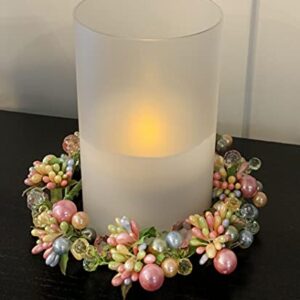 Reg 6 Inch Spring Crystal and Pearlized Berry Candle Ring, Holds 3.75 Inch Pillar Candle - Green, Pink, Yellow and Blue