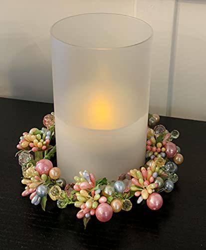 Reg 6 Inch Spring Crystal and Pearlized Berry Candle Ring, Holds 3.75 Inch Pillar Candle - Green, Pink, Yellow and Blue