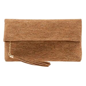 jnb women’s cork material foldover clutch with tassel, gold