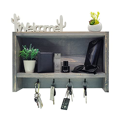 Nala's World Farmhouse Shelf Organizer Rustic Modern Mounted Hardwood Hanging Rack Entryway, Bedroom, Living Room with 4 Hooks (Heather Grey)