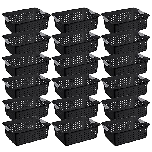 Sterilite Medium Ultra Indoor Home Plastic Storage Organizer Basket Container with Contoured Handles for Cabinets, Shelves, Black (18 Pack)