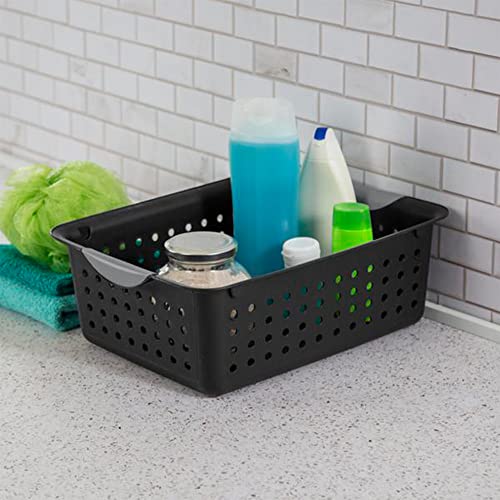 Sterilite Medium Ultra Indoor Home Plastic Storage Organizer Basket Container with Contoured Handles for Cabinets, Shelves, Black (18 Pack)