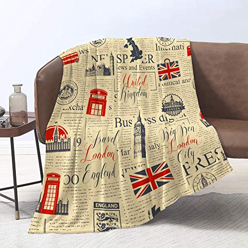 DUISE All Seasons 60" x 80" Soft Plush Cozy Throw Blanket Retro Style UK London Theme with Inscriptions British Symbols Landmarks and Flag Throw Blanket for Bed Sofa Bedspread