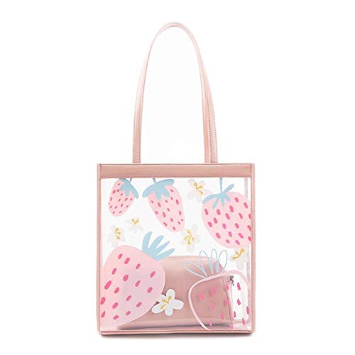 Women PVC Cute Prints Shopping Tote Clear Transparent Shoulder Bags with Double Handle (Pink)