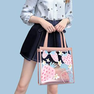 Women PVC Cute Prints Shopping Tote Clear Transparent Shoulder Bags with Double Handle (Pink)