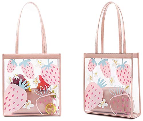 Women PVC Cute Prints Shopping Tote Clear Transparent Shoulder Bags with Double Handle (Pink)