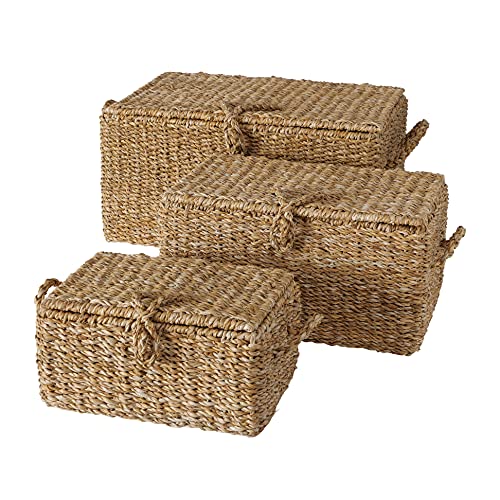 Cape Cod Wicker Trunks, Set of 3, Chunky Weave, Woven Seagrass, Carry Handles, Attached Lid With Loop Over Closure, Storage and Blanket Chests, 19.75 Inches, 15.75 Inches, and 11.75 Inches