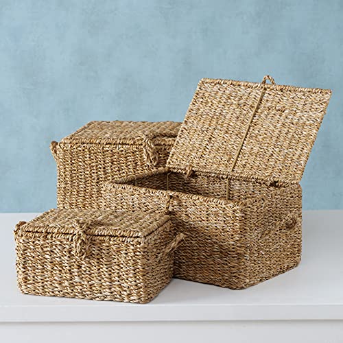 Cape Cod Wicker Trunks, Set of 3, Chunky Weave, Woven Seagrass, Carry Handles, Attached Lid With Loop Over Closure, Storage and Blanket Chests, 19.75 Inches, 15.75 Inches, and 11.75 Inches