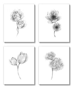 brooke & vine botanical prints wall art – (unframed 8 x 10) minimalist black and white boho decor, bohemian living room bedroom bathroom entry way office (black and white florals)