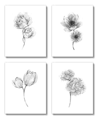 Brooke & Vine Botanical Prints Wall Art - (UNFRAMED 8 x 10) Minimalist Black and White Boho Decor, Bohemian Living Room Bedroom Bathroom Entry Way Office (Black and White Florals)