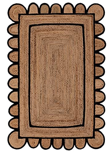 ROYAL ARTS & CRAFTS 2x3,3x5,4x6,5x7,6x9,8x10,9x12 Black Color Scalloped Design Jute Rug Kitchen Rug/Patio Rug/Hallway Rug/Entryway Rug/Outdoor Rug (4x6 Ft Area Rug)