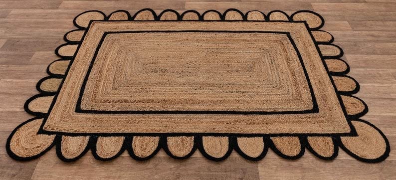 ROYAL ARTS & CRAFTS 2x3,3x5,4x6,5x7,6x9,8x10,9x12 Black Color Scalloped Design Jute Rug Kitchen Rug/Patio Rug/Hallway Rug/Entryway Rug/Outdoor Rug (4x6 Ft Area Rug)