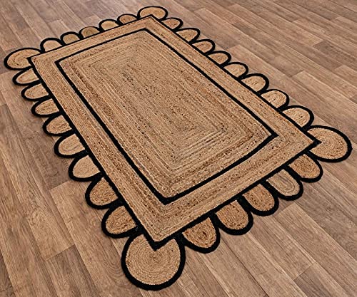 ROYAL ARTS & CRAFTS 2x3,3x5,4x6,5x7,6x9,8x10,9x12 Black Color Scalloped Design Jute Rug Kitchen Rug/Patio Rug/Hallway Rug/Entryway Rug/Outdoor Rug (4x6 Ft Area Rug)