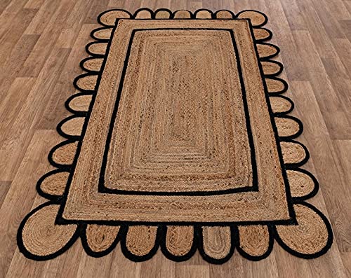 ROYAL ARTS & CRAFTS 2x3,3x5,4x6,5x7,6x9,8x10,9x12 Black Color Scalloped Design Jute Rug Kitchen Rug/Patio Rug/Hallway Rug/Entryway Rug/Outdoor Rug (4x6 Ft Area Rug)