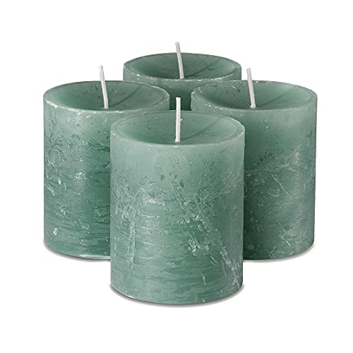 SPAAS Rustic Green Pillar Candles - 2.7" X 3" Decorative Candles Set of 4 - Clean Burning and Dripless Unscented Rustic Pillar Candles for Home Decorations, Wedding Decor, Party, Spa Restaurant