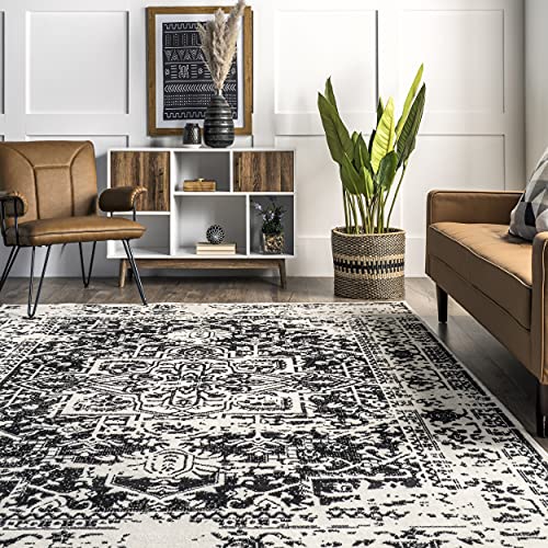 nuLOOM Jordana Vintage Distressed Medallion Area Rug, 8' x 10', Black and White