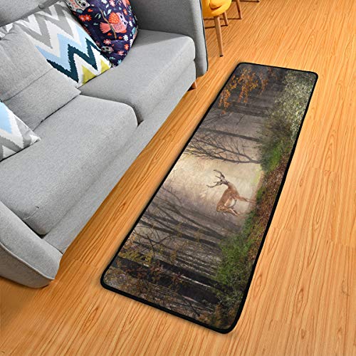 ALAZA Fallow Deer Dreamy Misty Forest Runner Area Rug Non Slip Floor Mat for Hallway Entryway Living Room Bedroom Dorm Home Decor 72x24 inches