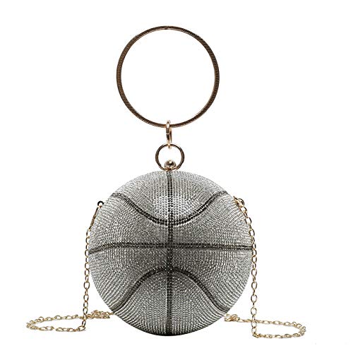 Women Rhinestones Handbag Basketball Shape Round Clutch Bag Gold Bling Diamond Clutch Purse for Evening Party Wedding (Silver basketball)