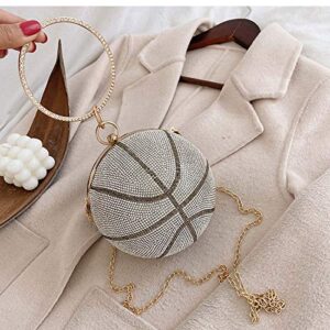 Women Rhinestones Handbag Basketball Shape Round Clutch Bag Gold Bling Diamond Clutch Purse for Evening Party Wedding (Silver basketball)