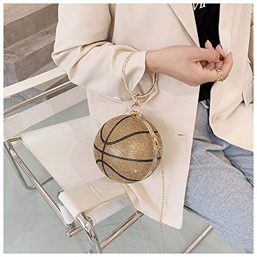 Women Rhinestones Handbag Basketball Shape Round Clutch Bag Gold Bling Diamond Clutch Purse for Evening Party Wedding (Silver basketball)