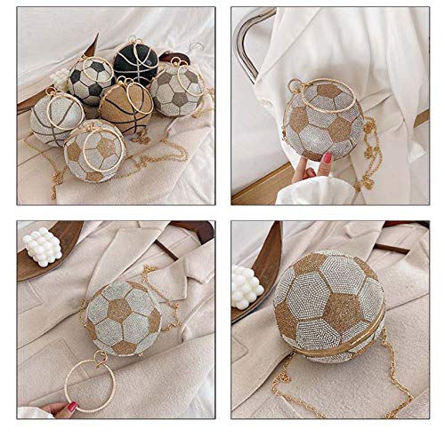 Women Rhinestones Handbag Basketball Shape Round Clutch Bag Gold Bling Diamond Clutch Purse for Evening Party Wedding (Silver basketball)