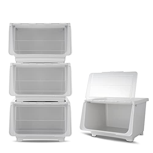 NC 3 Pack Large Stackable Plastic Storage Bin Tote with Clear Lids,Storage Box with Detachable Wheels（11 Gal,White,Large