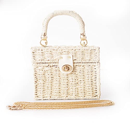 LCC ACBLI FEELOMA JIYALI Handwoven Rattan Vintage Purse Natural Chic Casual Handbag Beach Sea Tote Basket Straw Vacation Bag, Off-White