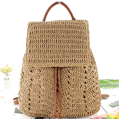 Goclothod Fashion Straw Backpack for Women Drawstring Shoulder Bag Bohemian Beach Handbags