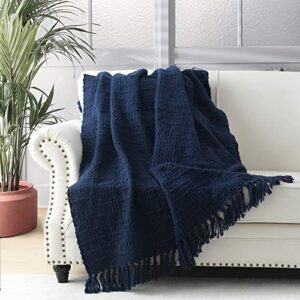 chunky knit throw blanket, navy blue soft warm cozy bed throw blanket with tassels, boho style textured knitted home decorative blanket for couch, sofa &bed, 50″x60″