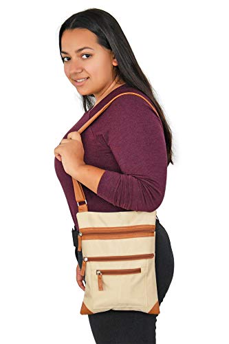 Home-X Crossbody Purses for Women, Shoulder Strap Bag with Zipper Pockets, Nylon Side Body Crossover Purse, 11 ¾" L x 9" W, Beige