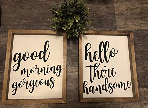 free brand Good Morning Gorgeous Hello Handsome Wood Framed Signs Farmhouse Wood Framed Signs Set of 2 8x12 inch