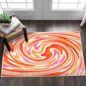 yokii vintage abstract art throw rugs faux wool shag plush hippie aesthetic bathroom non-slip trippy spiral retro geometric small area rug for kitchen entryway indoor doormat (2×3, orange)