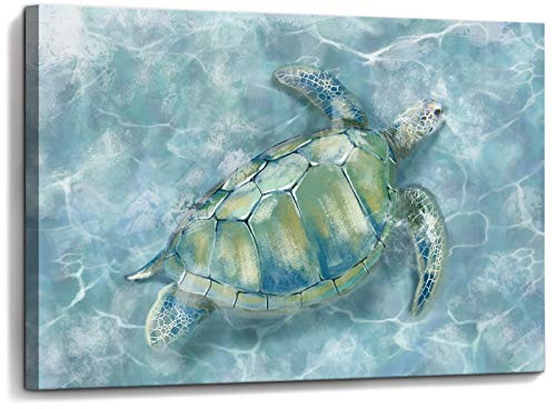 Bathroom Wall Decor Sea Turtle HD Pictures Print on Canvas Framed Wall Art for Bedroom Kitchen Modern Blue Coastal Room Decorations Art Work Green Turtle on Blue Water Size 12x16 inches Ready to Hang