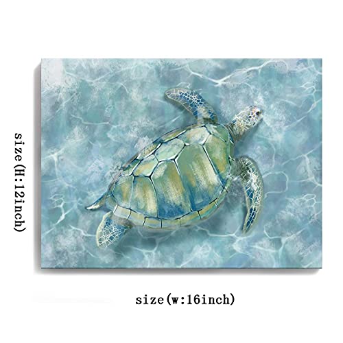 Bathroom Wall Decor Sea Turtle HD Pictures Print on Canvas Framed Wall Art for Bedroom Kitchen Modern Blue Coastal Room Decorations Art Work Green Turtle on Blue Water Size 12x16 inches Ready to Hang