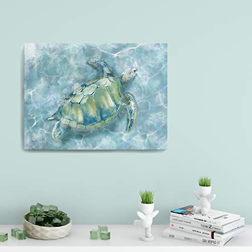 Bathroom Wall Decor Sea Turtle HD Pictures Print on Canvas Framed Wall Art for Bedroom Kitchen Modern Blue Coastal Room Decorations Art Work Green Turtle on Blue Water Size 12x16 inches Ready to Hang