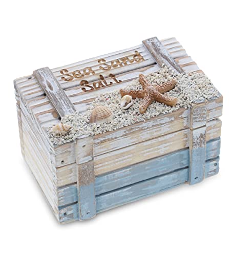 CoTa Global Coastal Horizon Wooden Jewelry Box - Handcrafted Nautical Trinket with Seashell and Starfish Decorations, Accent Tabletop Home Decor, Jewelry Storage - 4.25 Inch