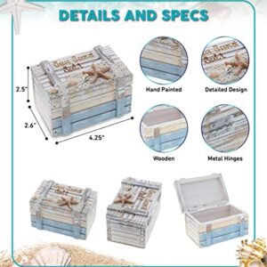 CoTa Global Coastal Horizon Wooden Jewelry Box - Handcrafted Nautical Trinket with Seashell and Starfish Decorations, Accent Tabletop Home Decor, Jewelry Storage - 4.25 Inch